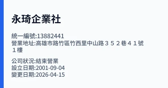 永琦企業社的照片-統編 13882441(高雄市) 公司登記資料與營業項目詳細圖表