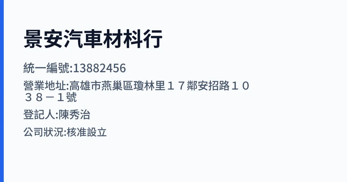 景安汽車材枓行 - 統編 13882456(高雄市) 公司登記資料與營業項目詳細圖表