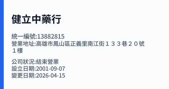 健立中藥行的照片-統編 13882815(高雄市) 公司登記資料與營業項目詳細圖表