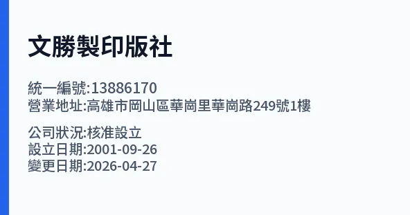 文勝製印版社的照片-統編 13886170(高雄市) 公司登記資料與營業項目詳細圖表