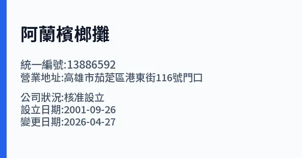 阿蘭檳榔攤的照片-統編 13886592(高雄市) 公司登記資料與營業項目詳細圖表
