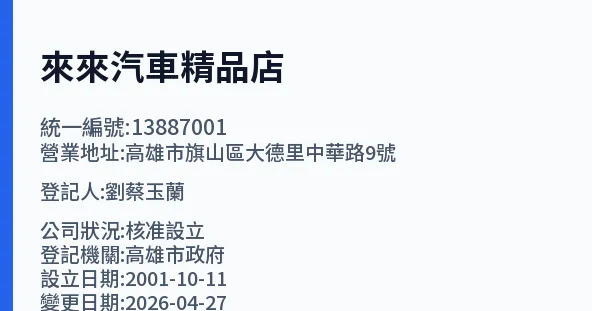 來來汽車精品店的照片-統編 13887001(高雄市) 公司登記資料與營業項目詳細圖表