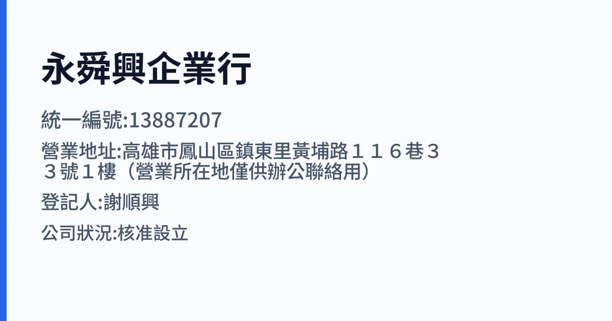 永舜興企業行 - 統編 13887207（高雄市） 公司登記資料與營業項目詳細圖表