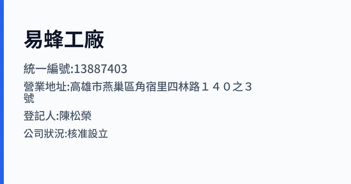 易蜂工廠 - 統編 13887403(高雄市) 公司登記資料與營業項目詳細圖表