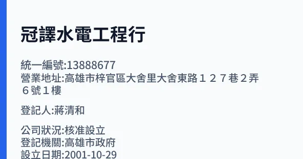 冠譯水電工程行的照片-統編 13888677(高雄市) 公司登記資料與營業項目詳細圖表