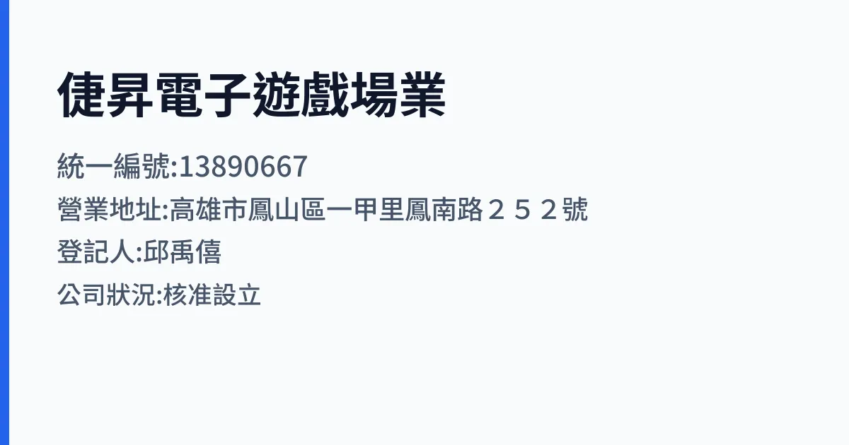 倢昇電子遊戲場業 - 統編 13890667(高雄市) 公司登記資料與營業項目詳細圖表