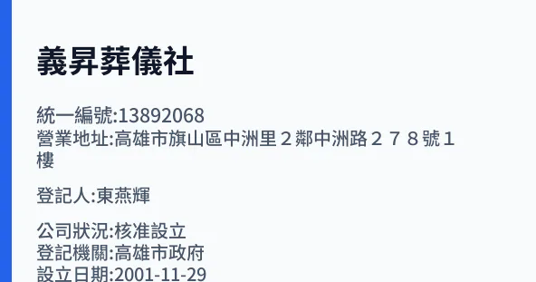 義昇葬儀社的照片-統編 13892068(高雄市) 公司登記資料與營業項目詳細圖表