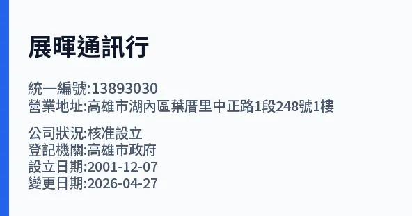 展暉通訊行的照片-統編 13893030(高雄市) 公司登記資料與營業項目詳細圖表