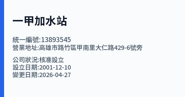 一甲加水站的照片-統編 13893545(高雄市) 公司登記資料與營業項目詳細圖表