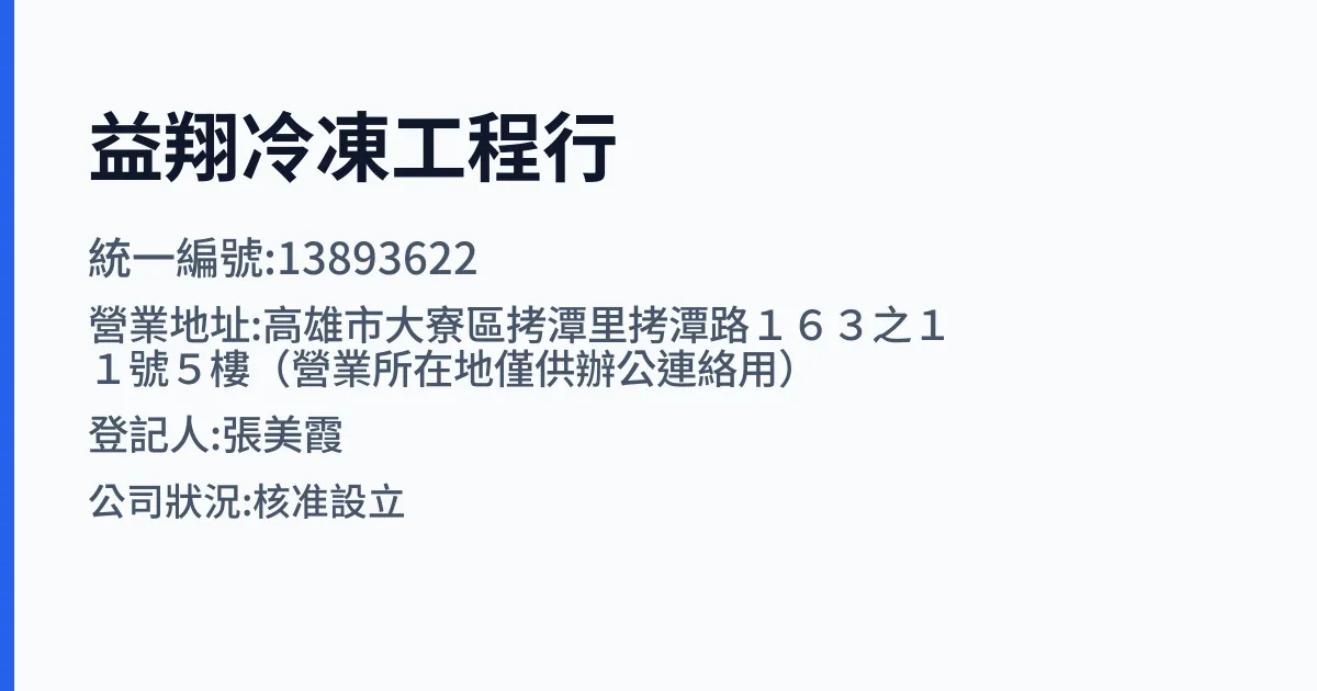 益翔冷凍工程行 - 統編 13893622(高雄市) 公司登記資料與營業項目詳細圖表