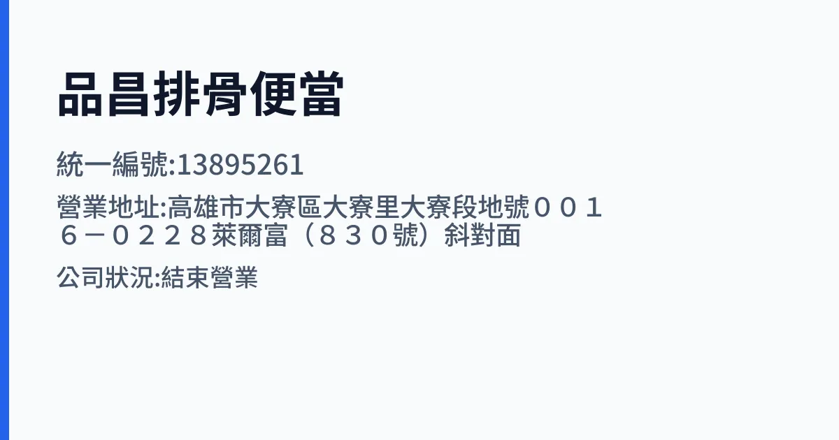 品昌排骨便當 - 統編 13895261(高雄市) 公司登記資料與營業項目詳細圖表