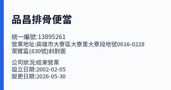 品昌排骨便當的照片-統編 13895261(高雄市) 公司登記資料與營業項目詳細圖表