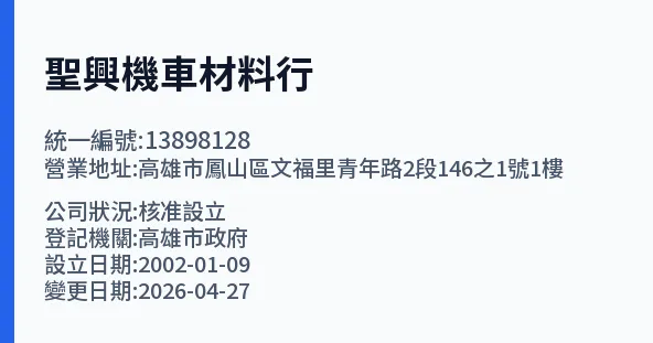 聖興機車材料行的照片-統編 13898128(高雄市) 公司登記資料與營業項目詳細圖表