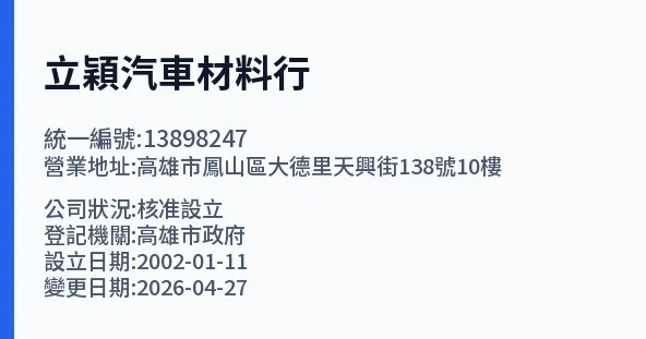 立穎汽車材料行的照片-統編 13898247(高雄市) 公司登記資料與營業項目詳細圖表
