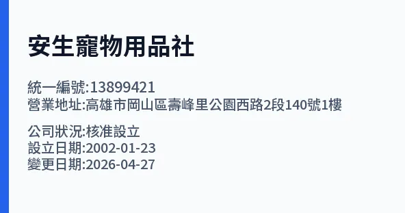 安生寵物用品社的照片-統編 13899421(高雄市) 公司登記資料與營業項目詳細圖表