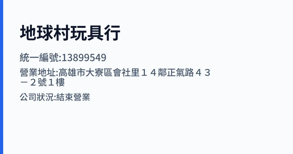 地球村玩具行 - 統編 13899549(高雄市) 公司登記資料與營業項目詳細圖表
