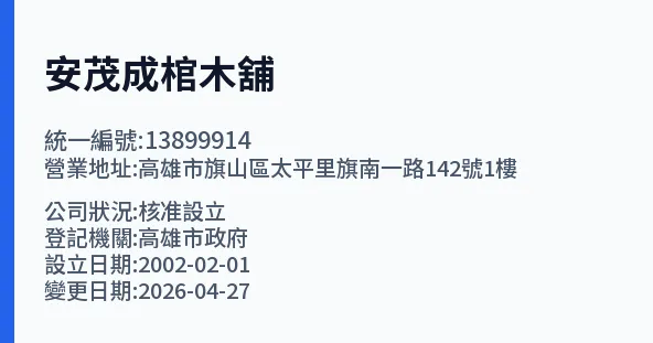 安茂成棺木舖的照片-統編 13899914(高雄市) 公司登記資料與營業項目詳細圖表