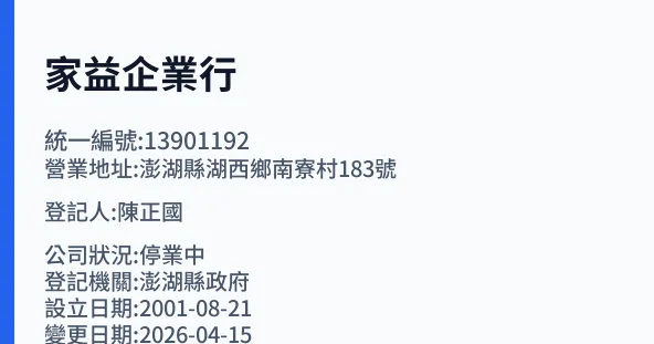 家益企業行的照片-統編 13901192(澎湖縣) 公司登記資料與營業項目詳細圖表