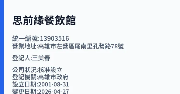思前緣餐飲館的照片-統編 13903516(高雄市) 公司登記資料與營業項目詳細圖表