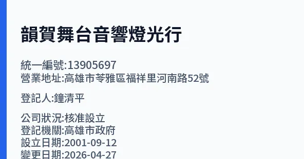 韻賀舞台音響燈光行的照片-統編 13905697(高雄市) 公司登記資料與營業項目詳細圖表