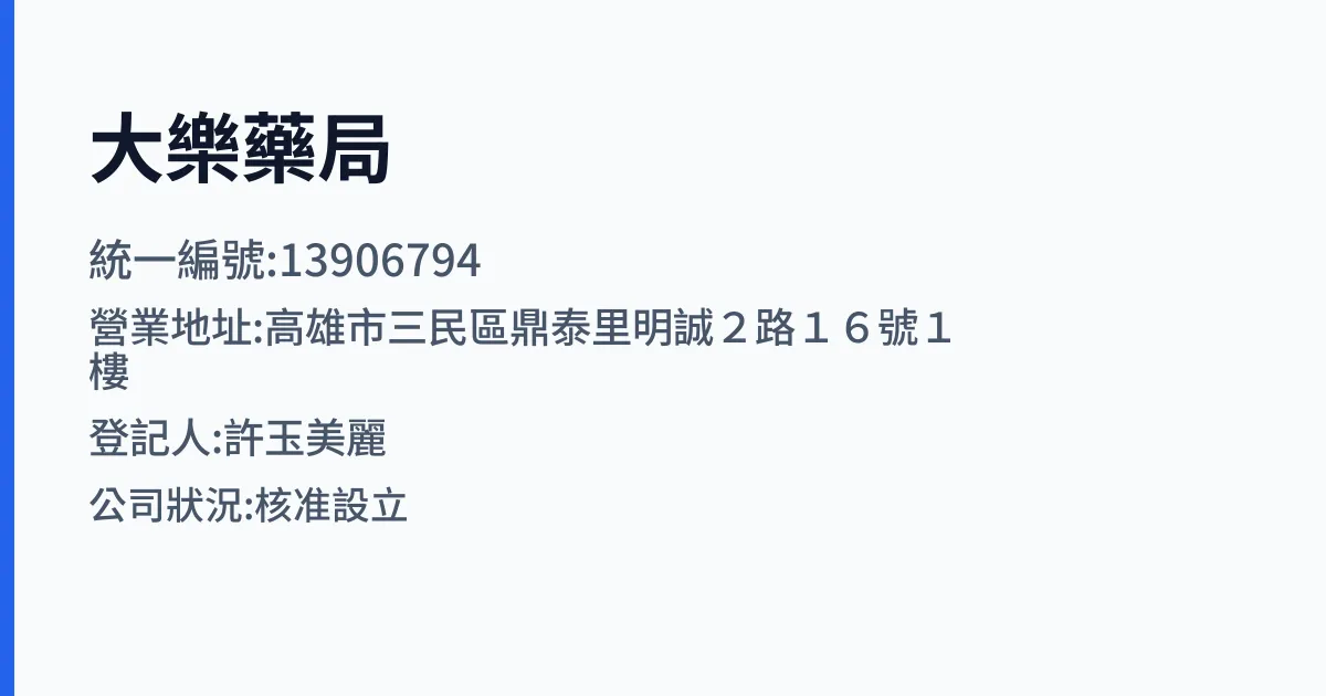 大樂藥局 - 統編 13906794(高雄市) 公司登記資料與營業項目詳細圖表