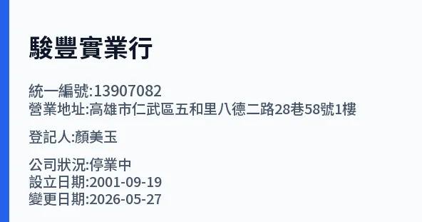 駿豐實業行的照片-統編 13907082(高雄市) 公司登記資料與營業項目詳細圖表
