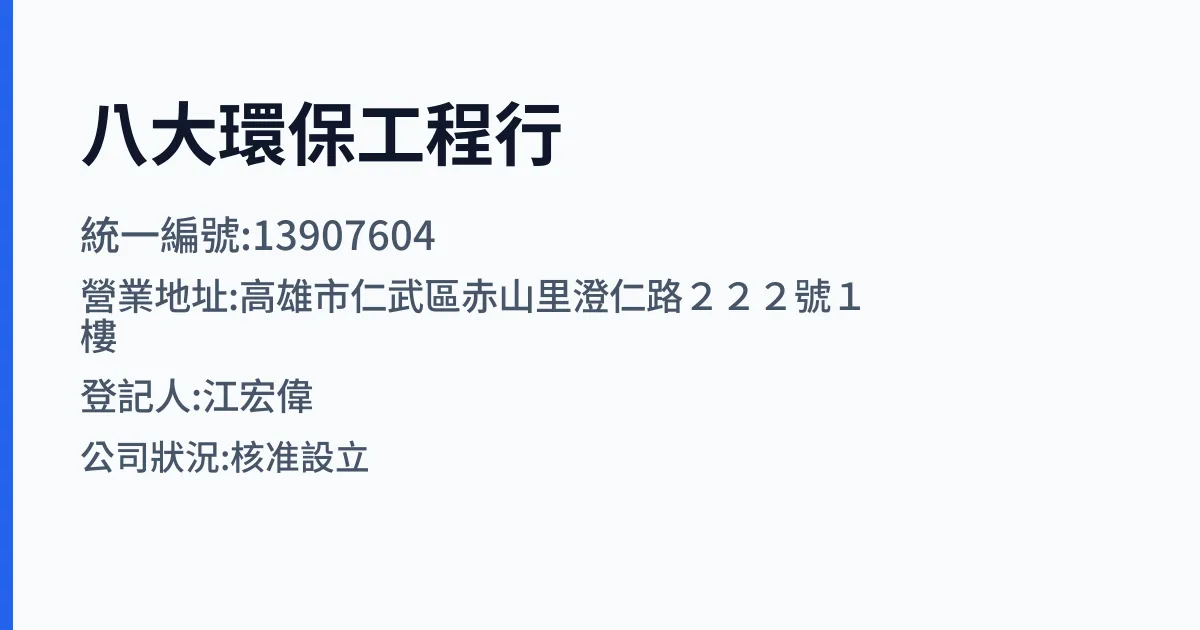 八大環保工程行 - 統編 13907604(高雄市) 公司登記資料與營業項目詳細圖表