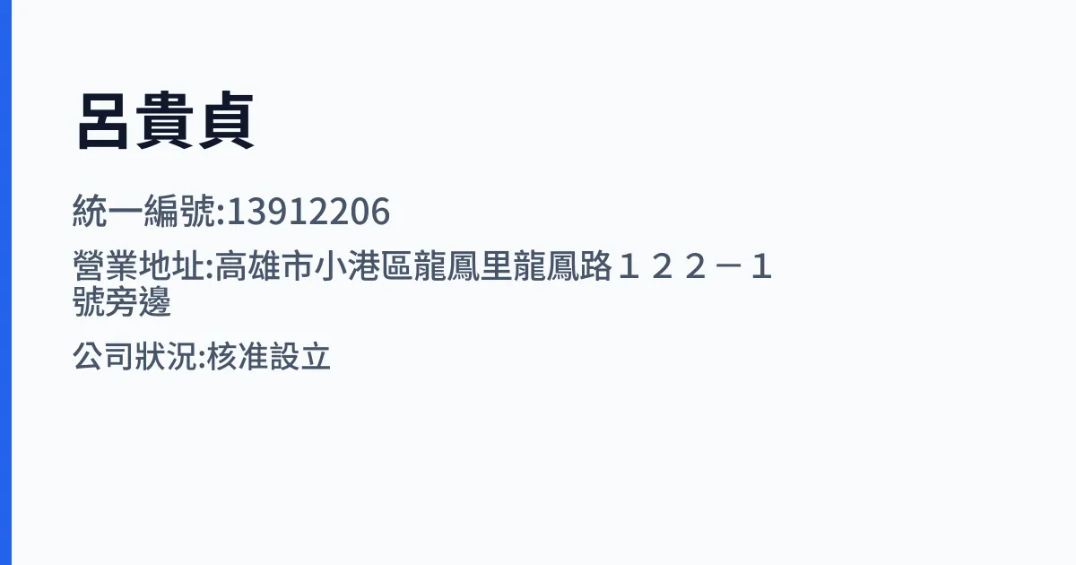 呂貴貞 - 統編 13912206(高雄市) 公司登記資料與營業項目詳細圖表