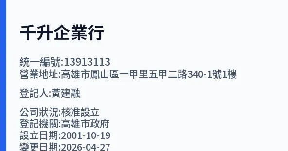 千升企業行的照片-統編 13913113(高雄市) 公司登記資料與營業項目詳細圖表