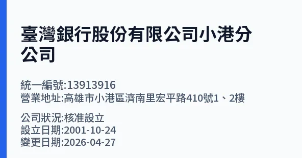 臺灣銀行股份有限公司小港分公司的照片-統編 13913916(高雄市) 公司登記資料與營業項目詳細圖表