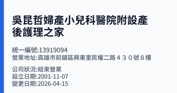 吳昆哲婦產小兒科醫院附設產後護理之家的照片-統編 13919094(高雄市) 公司登記資料與營業項目詳細圖表