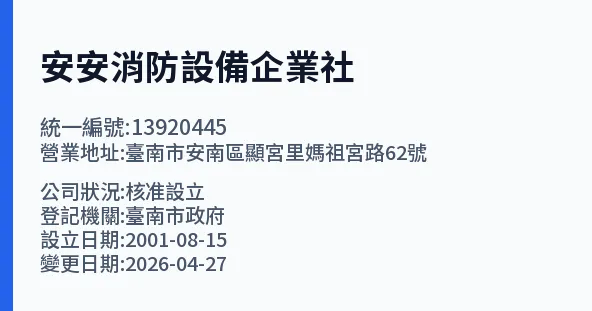 安安消防設備企業社的照片-統編 13920445(臺南市) 公司登記資料與營業項目詳細圖表