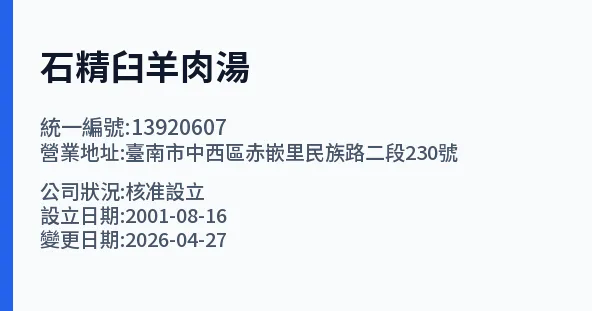 石精臼羊肉湯的照片-統編 13920607(臺南市) 公司登記資料與營業項目詳細圖表