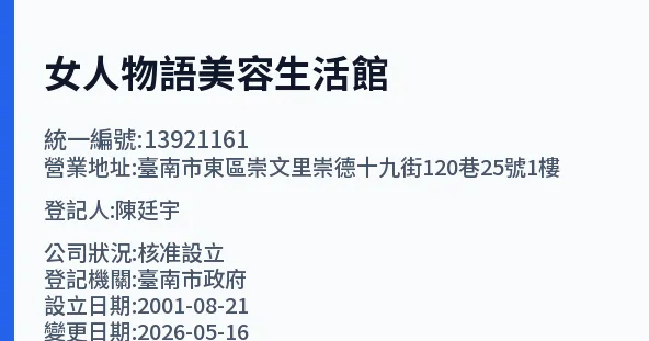 女人物語美容生活館的照片-統編 13921161(臺南市) 公司登記資料與營業項目詳細圖表