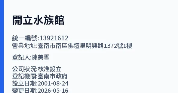 開立水族館的照片-統編 13921612(臺南市) 公司登記資料與營業項目詳細圖表