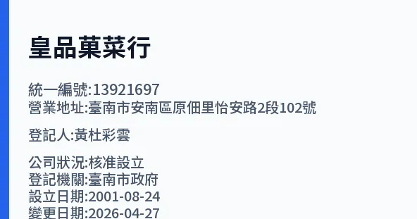 皇品菓菜行的照片-統編 13921697(臺南市) 公司登記資料與營業項目詳細圖表