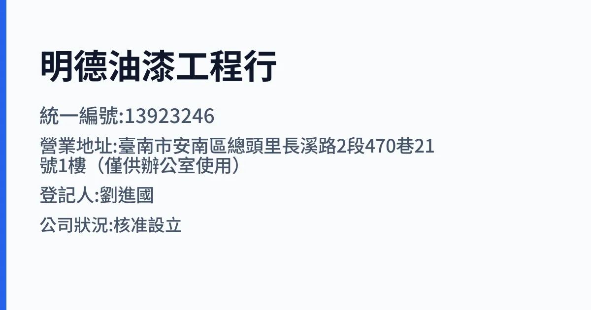 明德油漆工程行 - 統編 13923246（臺南市） 公司登記資料與營業項目詳細圖表