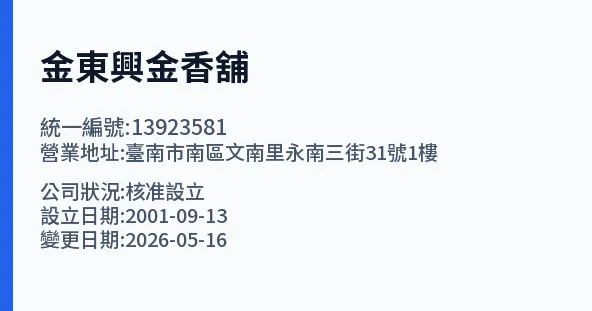 金東興金香舖的照片-統編 13923581(臺南市) 公司登記資料與營業項目詳細圖表
