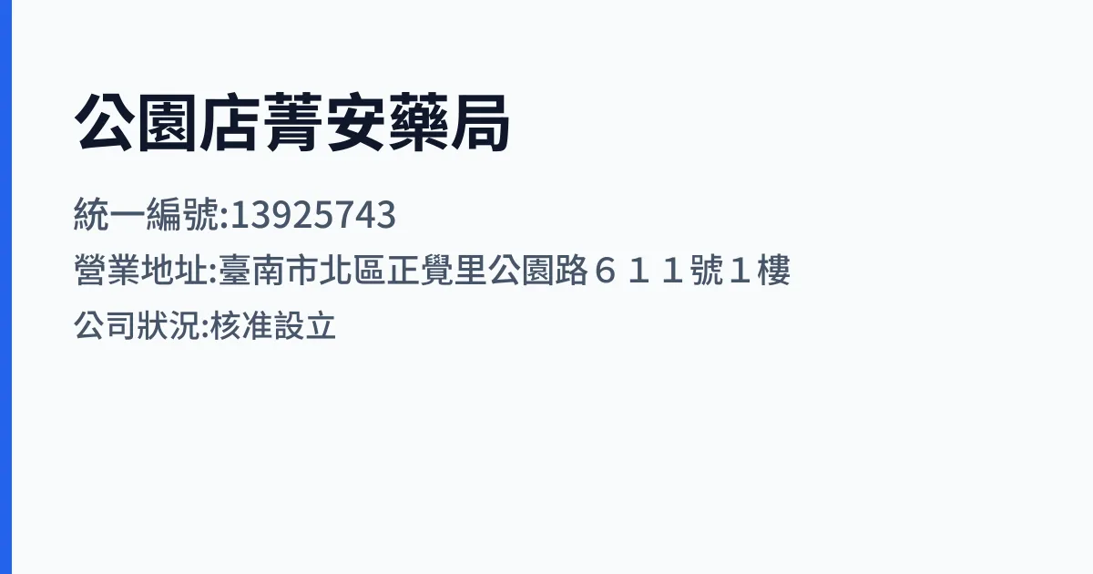 公園店菁安藥局 - 統編 13925743(臺南市) 公司登記資料與營業項目詳細圖表