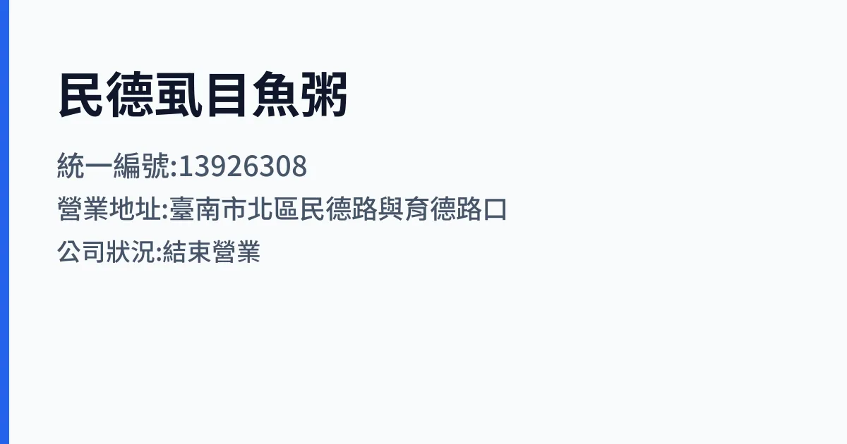 民德虱目魚粥 - 統編 13926308(臺南市) 公司登記資料與營業項目詳細圖表