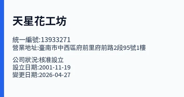 天星花工坊的照片-統編 13933271(臺南市) 公司登記資料與營業項目詳細圖表