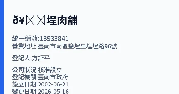 𥂁埕肉舖的照片-統編 13933841(臺南市) 公司登記資料與營業項目詳細圖表