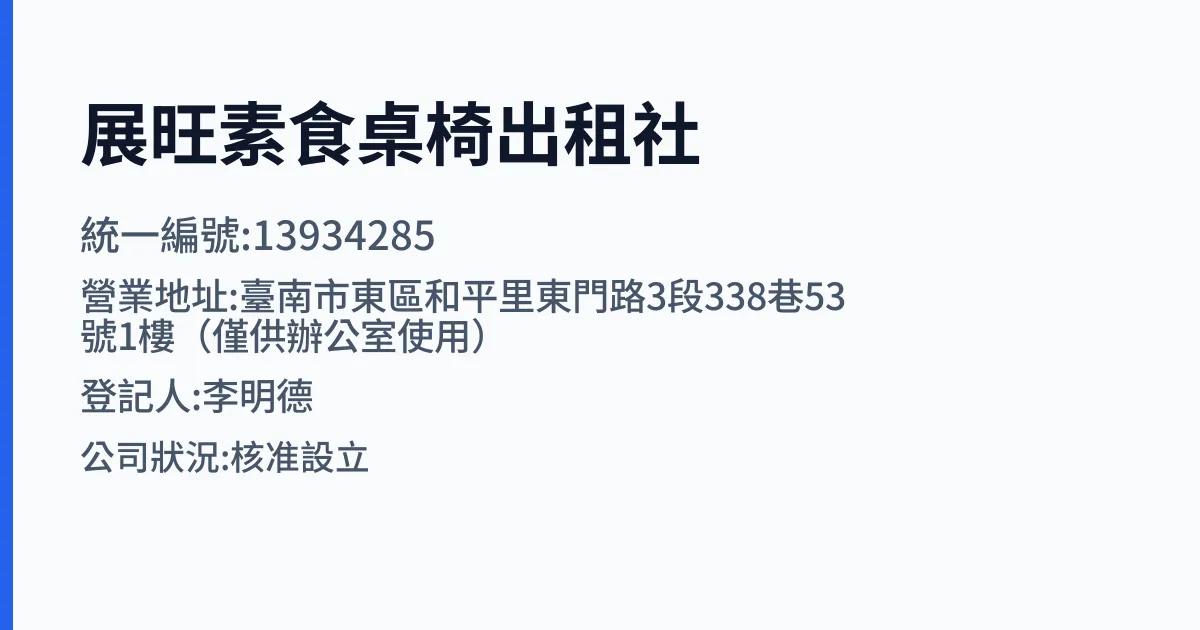 展旺素食桌椅出租社 - 統編 13934285(臺南市) 公司登記資料與營業項目詳細圖表