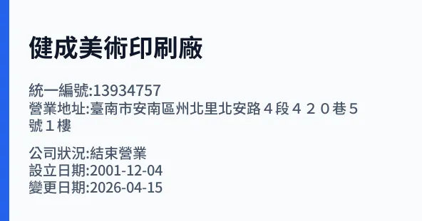 健成美術印刷廠的照片-統編 13934757(臺南市) 公司登記資料與營業項目詳細圖表