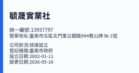 毓晟實業社的照片-統編 13937797(臺南市) 公司登記資料與營業項目詳細圖表