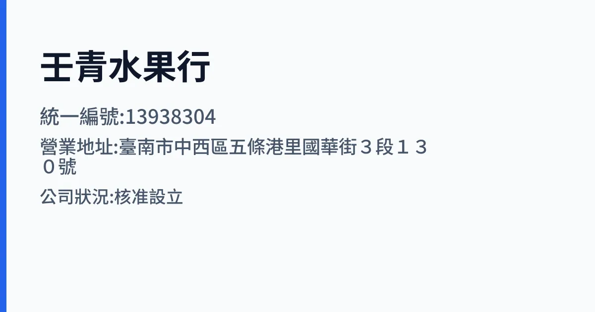 壬青水果行 - 統編 13938304(臺南市) 公司登記資料與營業項目詳細圖表