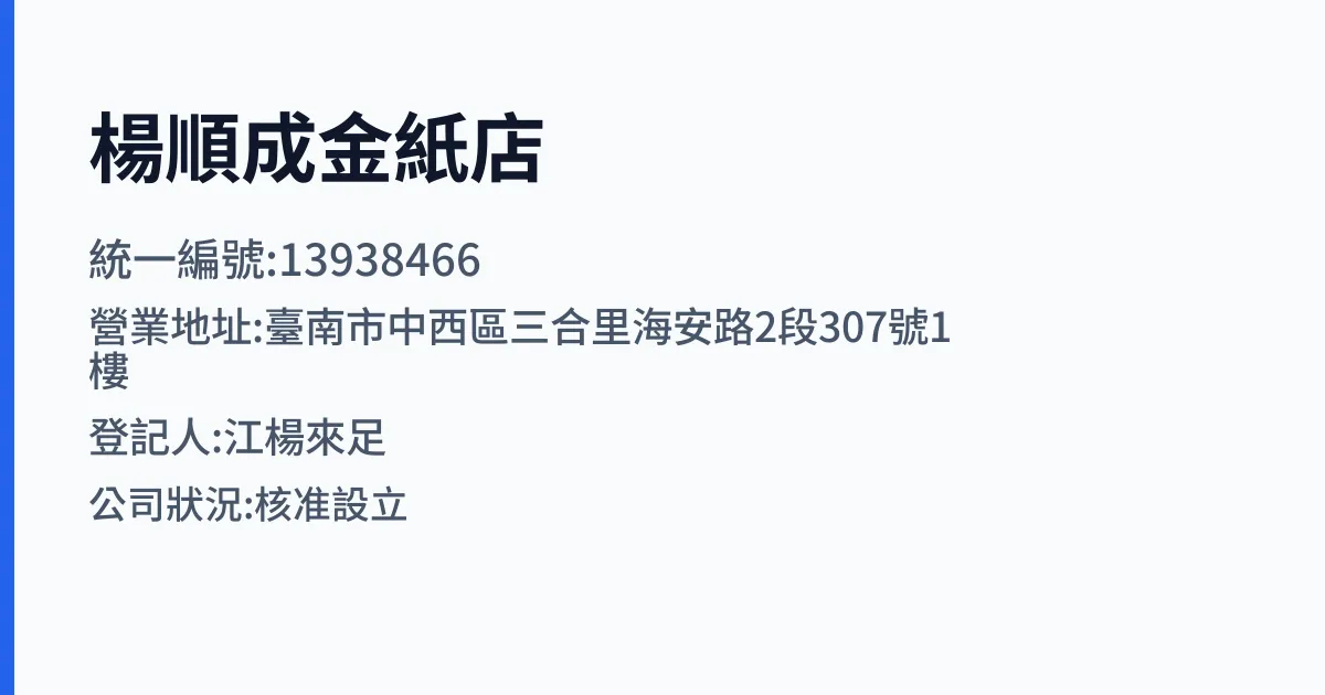 楊順成金紙店 - 統編 13938466(臺南市) 公司登記資料與營業項目詳細圖表