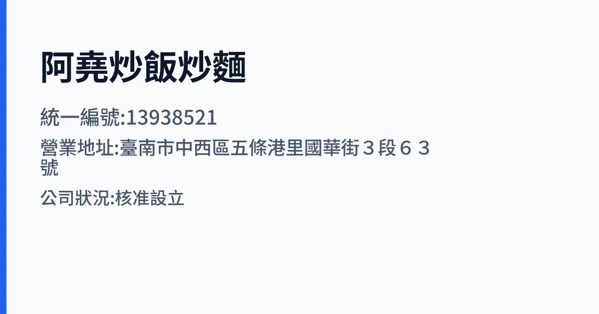 阿堯炒飯炒麵 - 統編 13938521(臺南市) 公司登記資料與營業項目詳細圖表