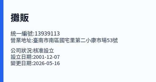 攤販的照片-統編 13939113(臺南市) 公司登記資料與營業項目詳細圖表
