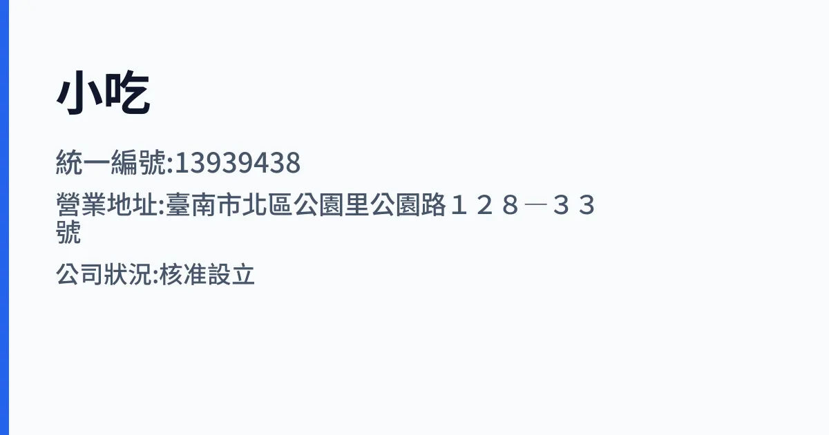 小吃 - 統編 13939438(臺南市) 公司登記資料與營業項目詳細圖表